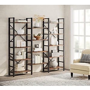 Tribesigns Triple Wide 5-Shelf Bookcase, Etagere Large Open Bookshelf Vintage Industrial Style Shelves Wood and Metal bookcases Furniture for Home & Office, 70 inch