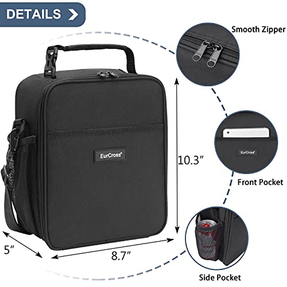 EurCross Insulated Rectangle Lunch Box with Carrying Strap, Portable Flat Mens Lunchbox for Work, 32% Larger than other Slim Small Lunch Bag, Reusable Mini Cooler Bag for Women Adult, Black