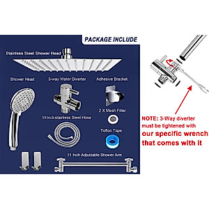 Shower Head Combo with 11'' Extension Arm，High Pressure Rain Shower Head with Handheld Shower Spray and Holder/ 1.5M Hose，Dual Rainfall Showerhead Set，Chrome (10 Inch)