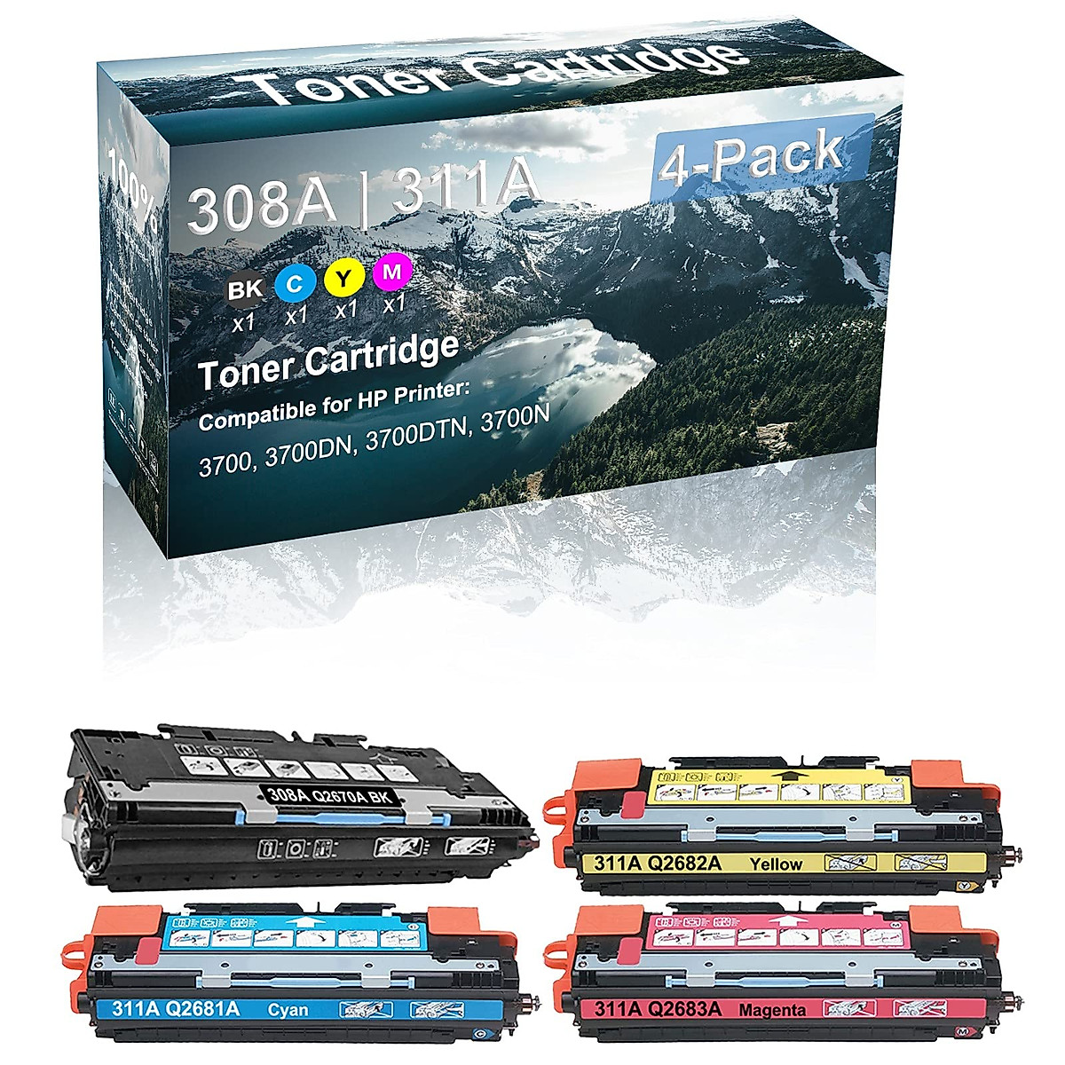 4-Pack (BK+C+Y+M) Compatible High Capacity 308A 311A | Q2670A Q2681A Q2682A Q2683A Toner Cartridge use for HP 3700 3700DN 3700DTN 3700N Printer