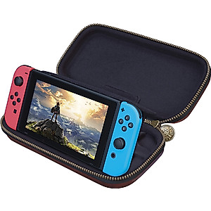 Officially Licensed Nintendo Switch Deluxe Zelda Link Travel Case – Premium Hard Case Made with Koskin Saddle Leather Embossed with Zelda Breath of The Wild Art 2 Game Cases