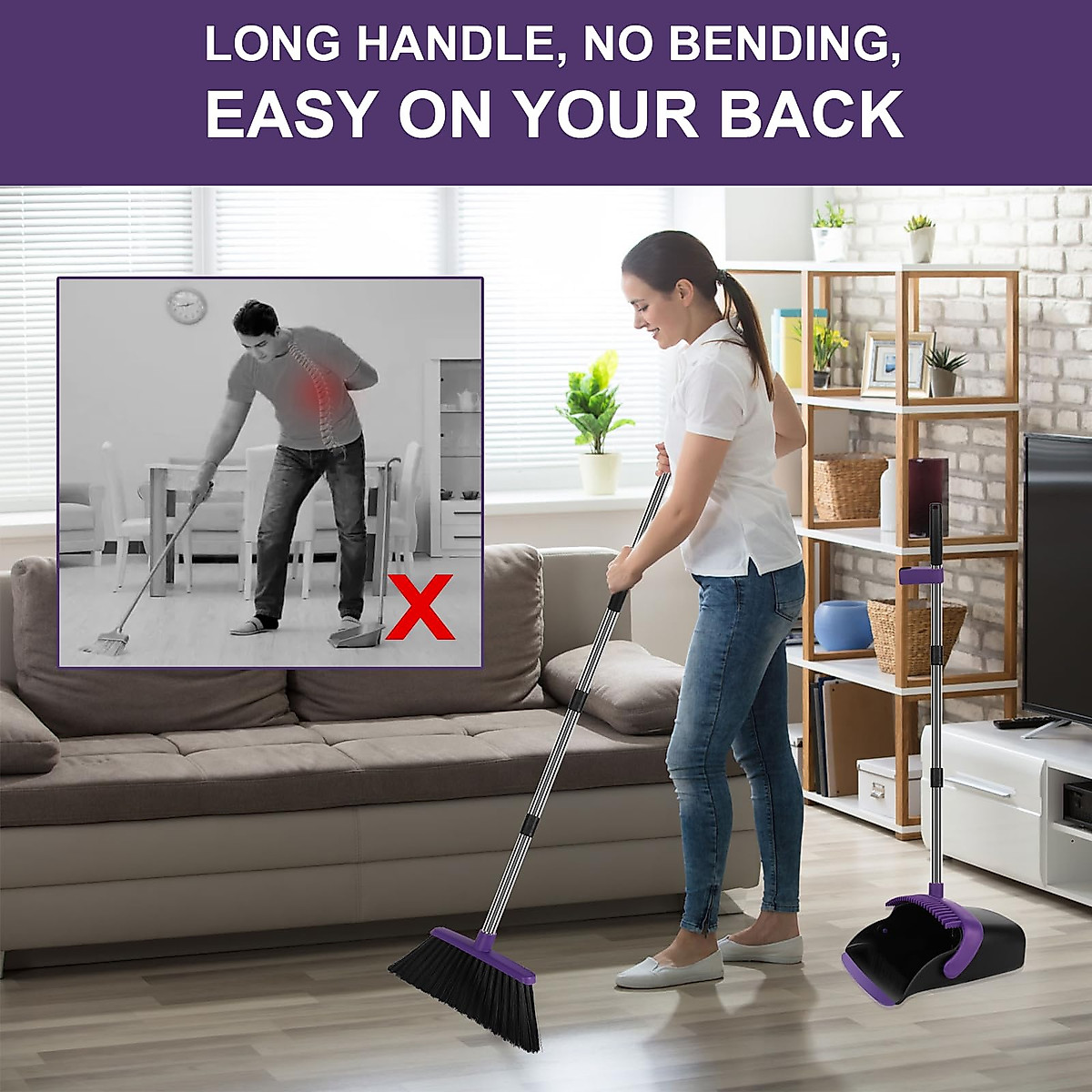 Large Broom and Dustpan Set, Purple Broom with Dustpan Combo Set, 55" Long Handle Broom, Self Cleaning Dustpan, Ideal for Home and Dog Cat Pets