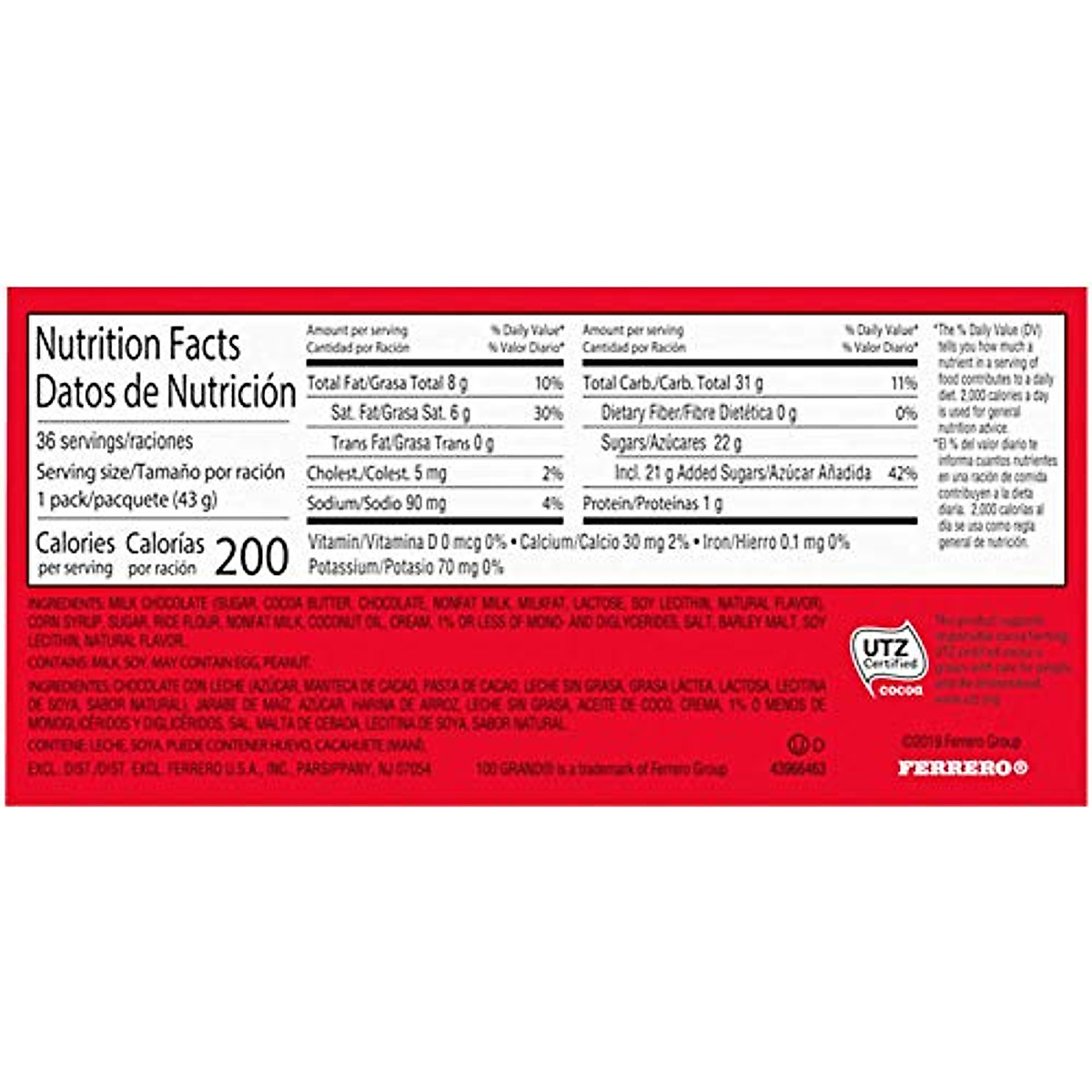 100 Grand Milk Chocolate Candy Bars, Full Size Bulk Individually Wrapped Ferrero Candy, Pack of 36