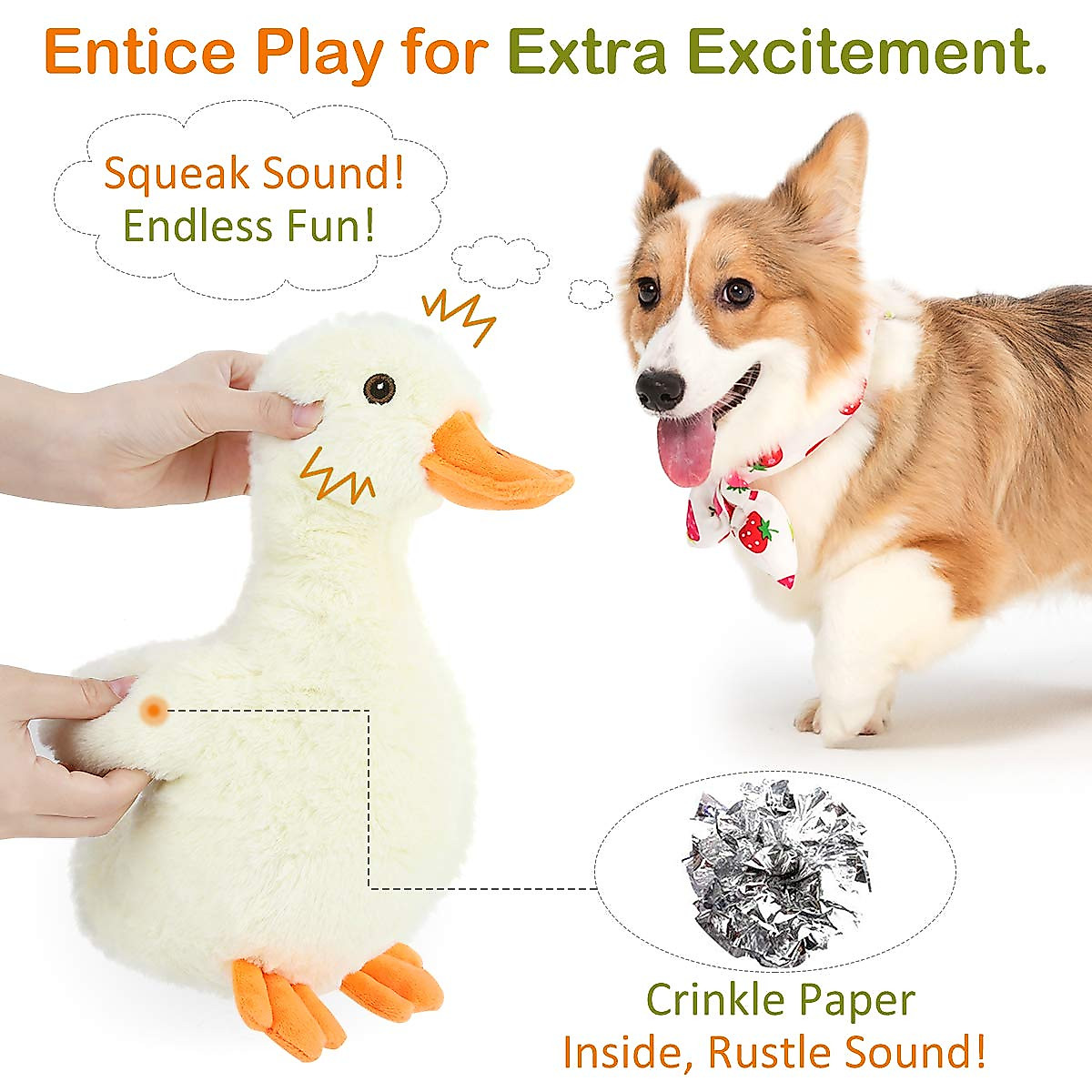 Pawaboo Squeak Plush Duck Dog Toy, Large 12'' Super Soft Plush Stuffed Duck-Shaped Pet Toys, Crinkle Paper Rattle Pet Biting Training Chew Toys Non-Toxic Plush Doll for Pet Dogs, Light Yellow/Orange