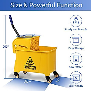 Mop Bucket with Wringer on Wheels, Commercial Mop and Bucket with Wringer Set, Mop Bucket Separate Dirty Water Perfect for School, Offices, Resturants, Restrooms, Yellow( 22 Quarts)