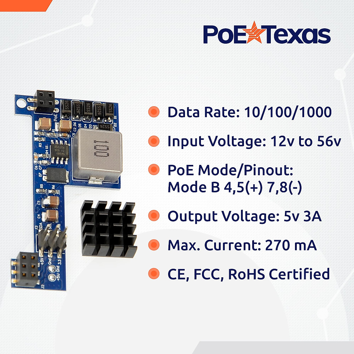 PoE Texas Raspberry Pi PoE Hat PoE Injector - Single Port Power Over Ethernet Passive PoE Adapter