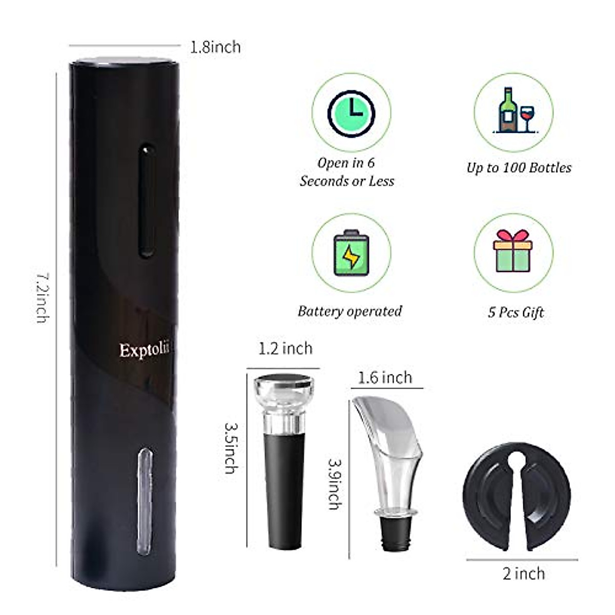Exptolii Electric Wine Opener, Automatic Bottle Corkscrew with Foil Cutter, Vacuum Stopper and Wine Aerator Pourer