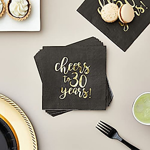 50 Pack Cheers to 30 Years Cocktail Napkins for 30th Birthday, Anniversary Party Supplies, 3-Ply, Black and Gold Foil (5 x 5 In)