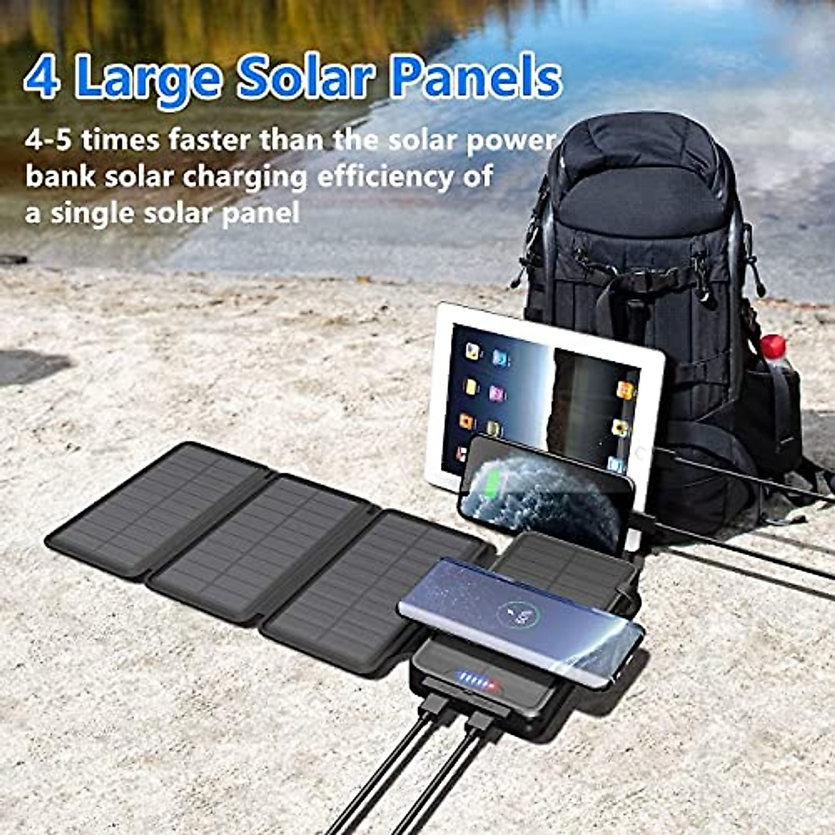 Solar Charger 38800mAh Solar Power Bank with Dual 5V3.1A Outputs 10W Qi Wireless Charger Waterproof Built-in Solar Panel and Bright Flashlights