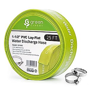 Green Expert 1-1/2" ID PVC Lay-Flat Water Discharge Hose Sump Pump Draining Accessories Heavy Duty Pool Backwash Hose Great for Water Disposal from Pools Garden Pond Hot Tub 25FT Length