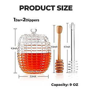 Ahoo Glass Honey Jar,Dispenser Honey Pot Containers with Wooden Dipper Stick Set and Lid,Storage Honey Holder Bottle