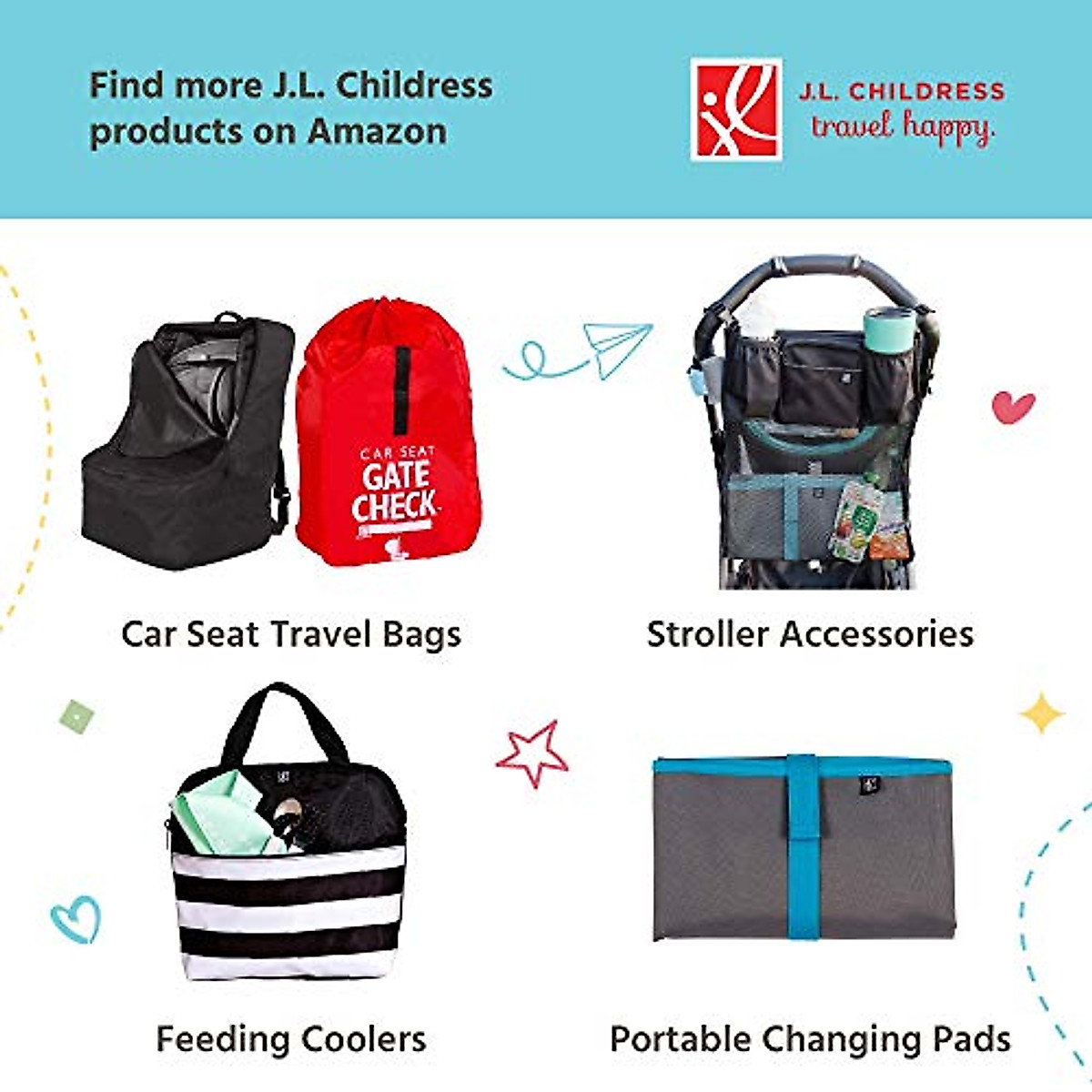J.L. Childress DELUXE Gate Check Bag for Single & Double Strollers - Premium Heavy-Duty Durable Air Travel Bag, Adjustable Shoulder Straps - Fits Most Single & Double Strollers, Grey