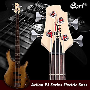 Cort Action PJ Series 4-String Electric Bass, Open Pore Walnut with Guitar Strap, Massaging Shoulder Strap Attachment and Bundle