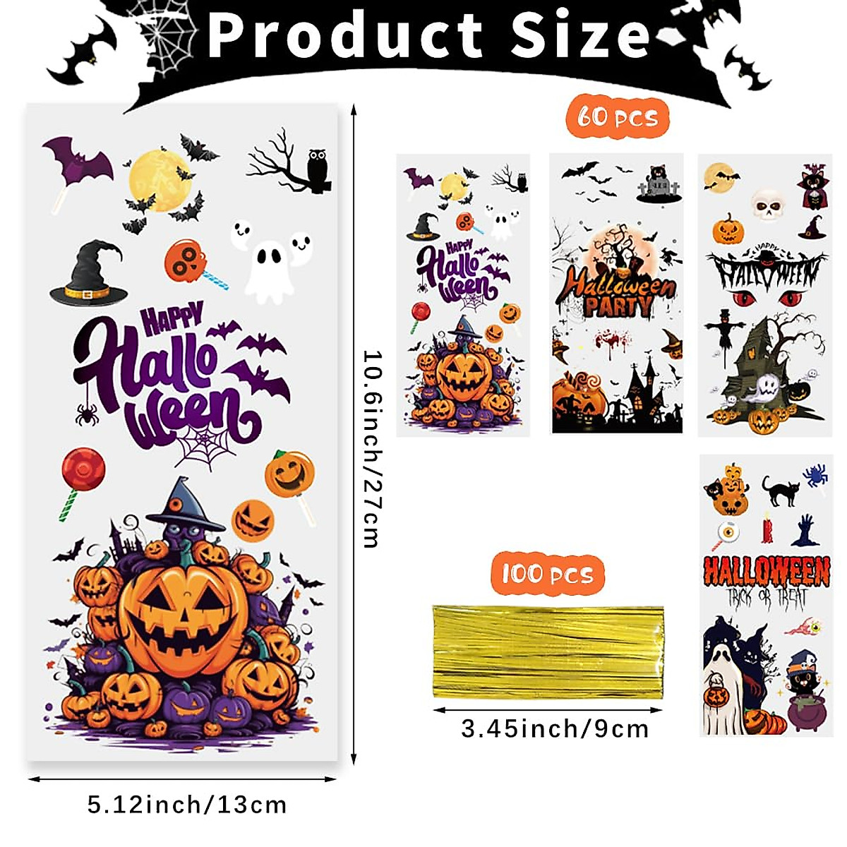 Halloween Treat Bags, Halloween Candy Bags, Halloween Cellophane Treat Bags, 60PCS Plastic Halloween Cookies Goodie Gift Bags with Ties for Halloween Trick or Treat Party Favors Supplies, 4 Style