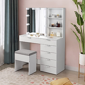 Karl home Vanity Desk with Sliding Mirror, 6-Drawer Makeup Vanity, Bedroom Makeup Desk, Vanity Table with Adjustable Brightness & 3 Colour Light Modes,White