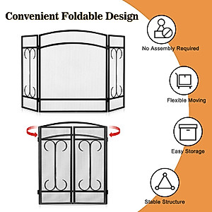Gtongoko 3 Panel Fireplace Screen 48" W x 29" H Modern Wrought Iron Decorative Large Fire Spark Guard Grate Heavy Duty for Living Room Home Outdoor Decor - Black