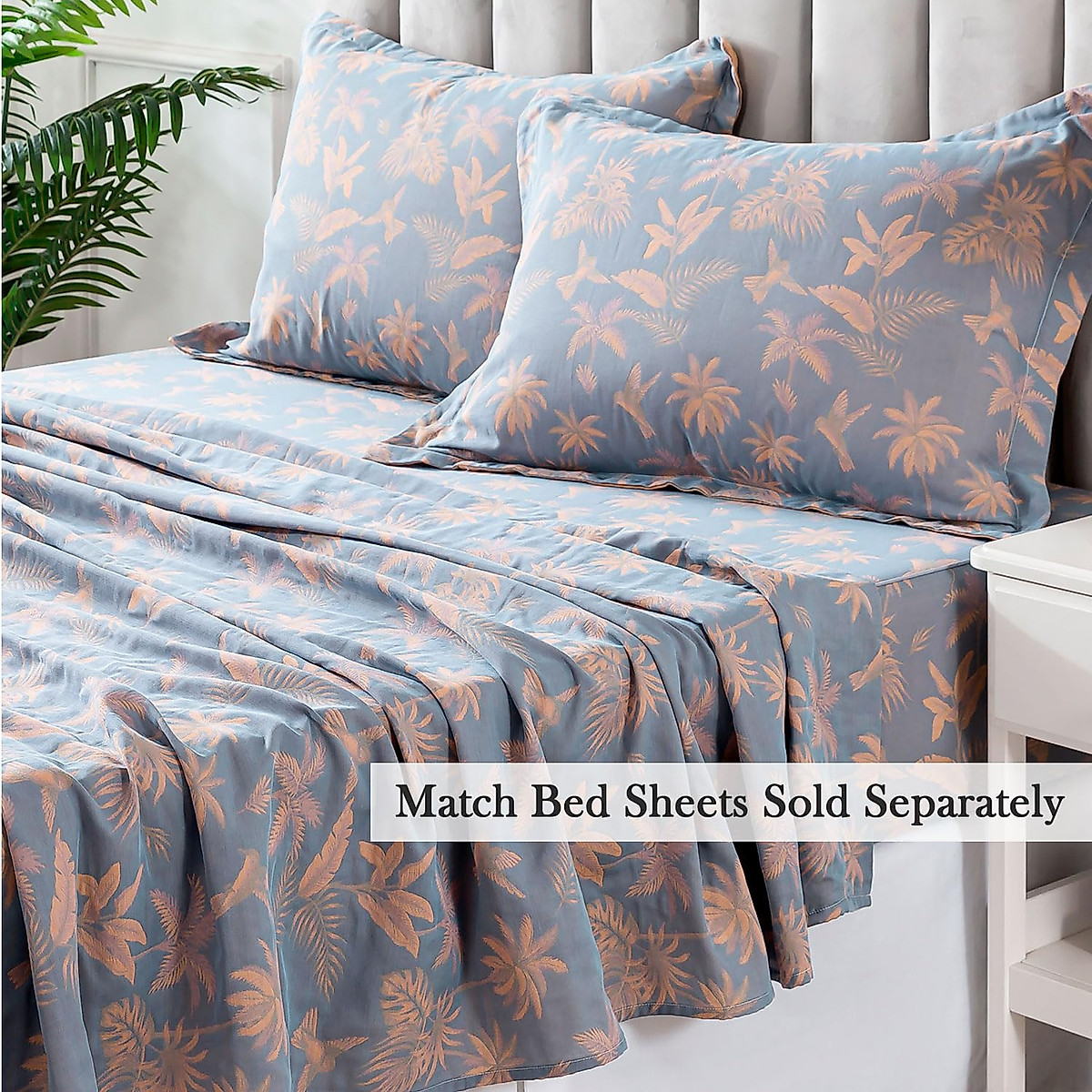 FADFAY Muslin Duvet Cover King Size, Dirty Blue Orange 100% Washed Cotton Double -Layer Tropical Bird Duvet Cover Set, Linen Like Gauze Comforter Cover Set with Zipper Closure & Corner Ties, 3Pcs