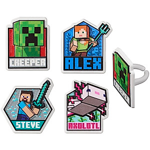 DecoPac Minecraft Lush Finds Rings, Cupcake Decorations Featuring Creeper, Alex, Steve and Axolotl! Multicolored 3D Food Safe Cake Toppers – 24 Pack