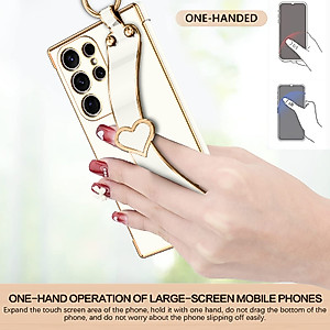 BENTOBEN for Galaxy S23 Ultra Case with Adjustable Wristband Kickstand Loop, Cute Heart Luxury Plating Bumper, Raised Corner Shockproof Women Girls Phone Cover for Samsung Galaxy S23 Ultra 6.8", White