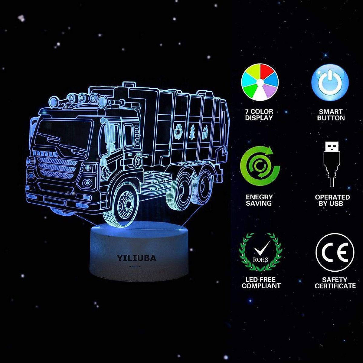 Garbage Truck Car Gift Night Lights for Kids 3D Lamp LED Desk Lamps for Boys Decor Bedroom Room USB plugs 7 Color Gradual Changing Truck Light or Birthday Xmas Party Festival Decor Children Gifts