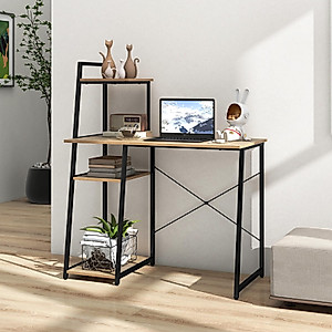 Giantex Computer Desk with Shelves, 47.5” Home Office Desk with Bookshelf, Host Stand, Metal Frame, PC Laptop Workstation, Modern Study Writing Desk for Bedroom, Small Space (Natural & Black)