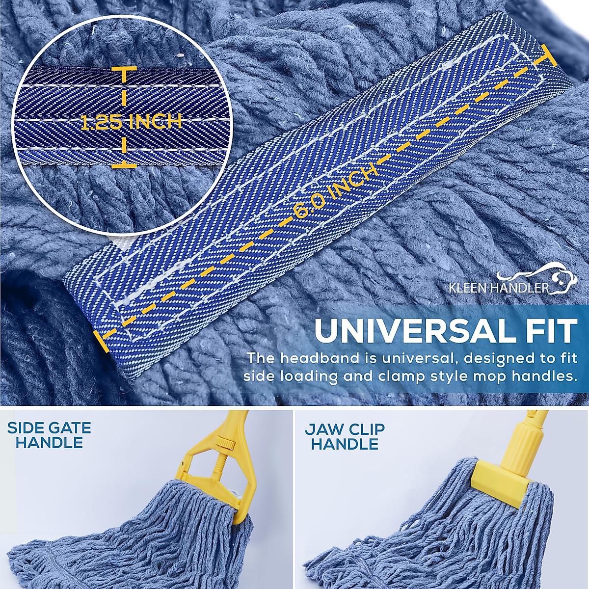KLEEN HANDLER Blended Loop End Heavy Duty Mop Head Replacement, Wet Mop Refills for Commercial and Household Floor Cleaning, Blue, 20 Oz (6-Pack)