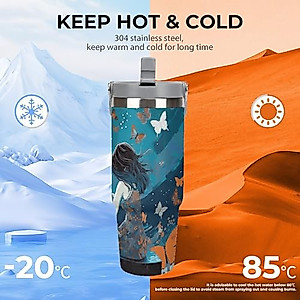 RTFGHJS Girl Playing Piano 30 Oz Tumbler with Handle And Flip Straw, Stainless Steel Vacuum Insulated Travel Mug, Thermal Cup for Coffee, Water, Iced Drinks, Fits Car Cup Holders (Home, Sports)