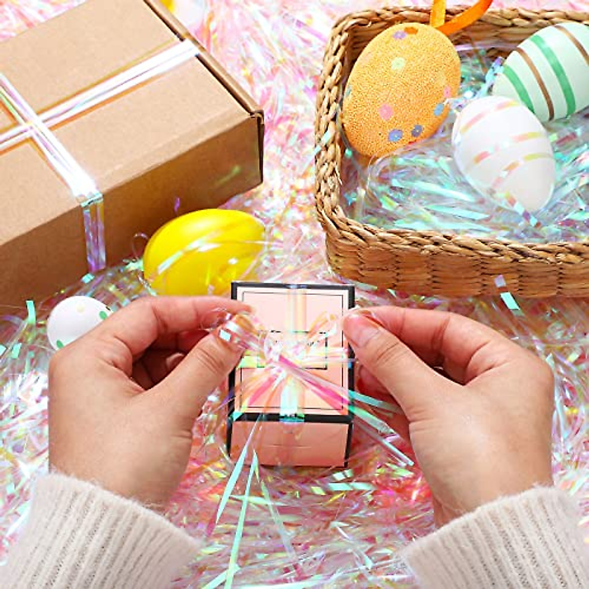 17.6 oz Easter Basket Grass Raffia Plastic Paper Shreds Craft Shredded Confetti Tissue Basket Filler for Easter Spring Party Gift Packing Decoration (Iridescent,Stylish Style)