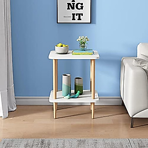 exilot 2-Tier Side Table Tall End Table with Storage Rack Wooden Nightstand Bedside Table for Living Room Bedroom Office No-Tool Assembly (White).