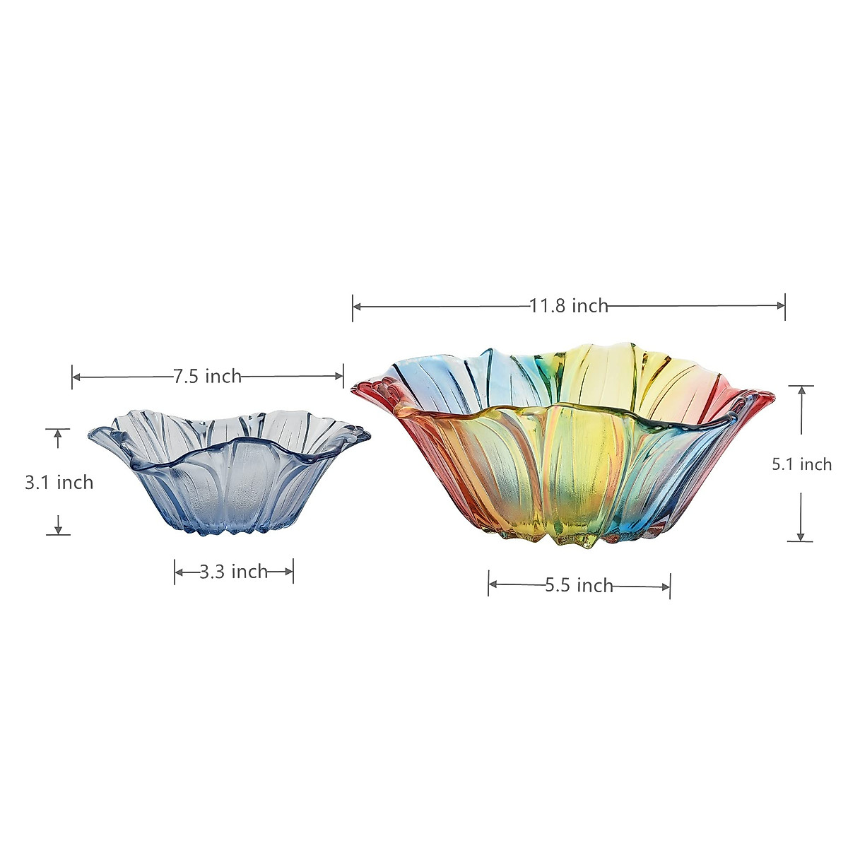 YITONGDA 2-Pack,11.8-inch 7.5-inch,Colorfu Glass Fruit Bowl,Candy Bowl,Snacks Bowl,Salad and Vegetables Bowl for Home and Kitchen,Country Style