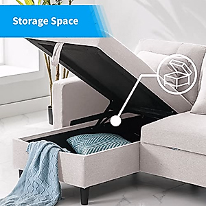 Horgaeo Pull Out Sofa Bed, Convertible Sleeper Sofa with 3 Free Cushions, L Shaped Sofa Couch with Storage Chaise, 4 Storable Pockets Linen Fabric Sectional Couch Bed for Living Room (Beige)