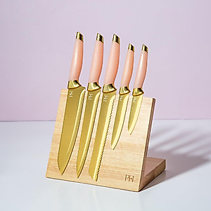 Paris Hilton Knife Block Set with Magnetic Wooden Knife Block, High Carbon Stainless Steel Blades with Titanium Coating, Sleek Comfortable Grip Handles, 6-Piece Set, Pink and Gold