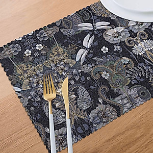 Placemats, Dragonflies Grey Print Placemats Set of 6, Heat Resistant Place Mats, Washable Table Mats