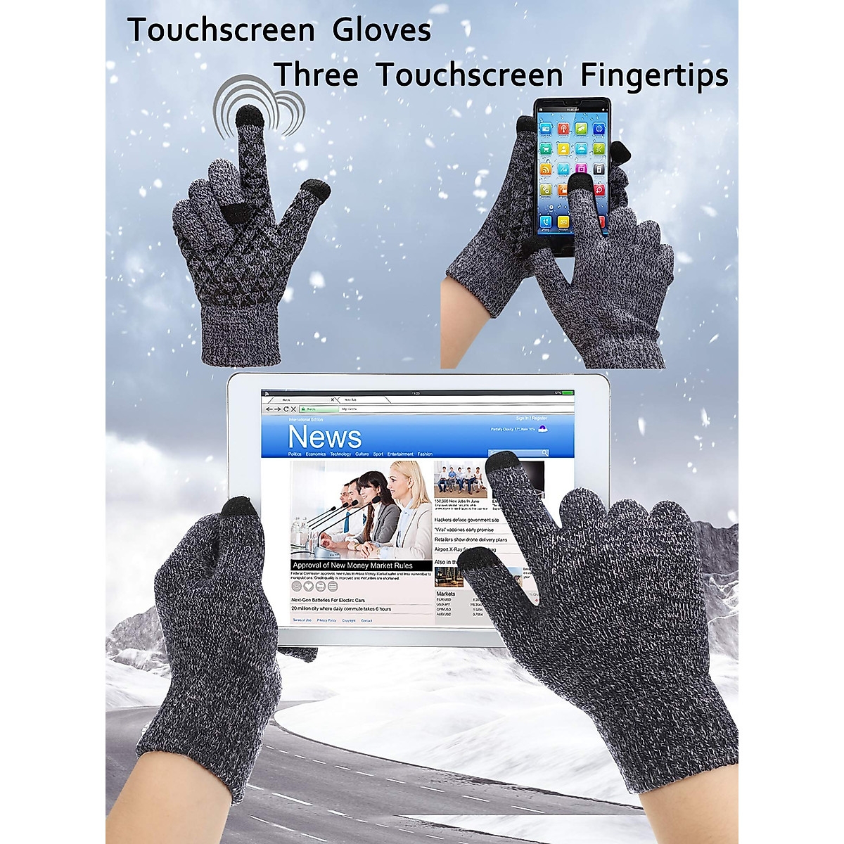 SATINIOR 4 Pairs Winter Knit Touchscreen Gloves Warm Texting Gloves Elastic Anti-slip Gloves for Adults (Black, Black Red, Black White, Navy, M)