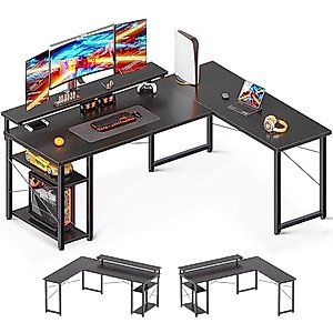 ODK L Shaped Gaming Desk, 61" Corner Computer Desk with Monitor Stand & Storage Shelf, Sturdy Home Office Desk, Black