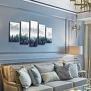 Canvas Wall Art For Living Room Wall Decorations For Bedroom Modern Office Wall Decor Foggy Forest Trees Landscape Painting Stretched And Framed Ready To Pictures Home Decor 5 Piece Set W40” x H20”