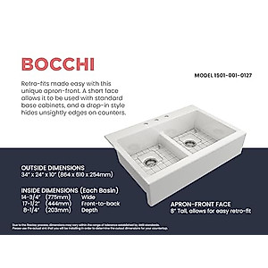 BOCCHI Nuova Apron Front Drop-In Fireclay 34 in. 50/50 Double Bowl Kitchen Sink with Protective Bottom Grids and Strainers in White