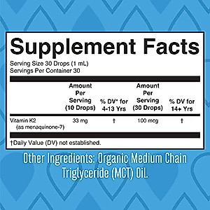 USDA Organic Vitamin K2 MCT Liquid Drops for Adults & Kids | 100 mcg K2 MK7 per serving + Organic MCT Oil | Vegan K2 Vitamin for Bone Health, Heart Health, Calcium Absorption | 1oz