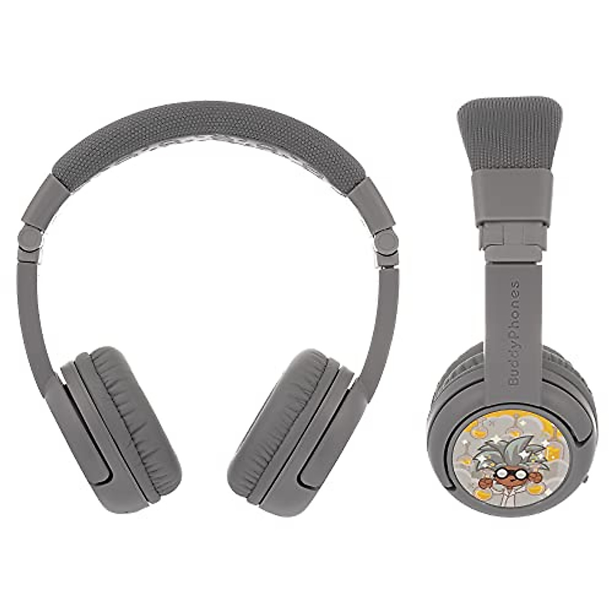 BuddyPhones Play+, Wireless Bluetooth Volume-Limiting Kids Headphones, 20-Hours Battery Life, 3 Volume Settings, Voice Enhancing StudyMode, Answer/Playback Button, BuddyLink Cable, Grey Matter