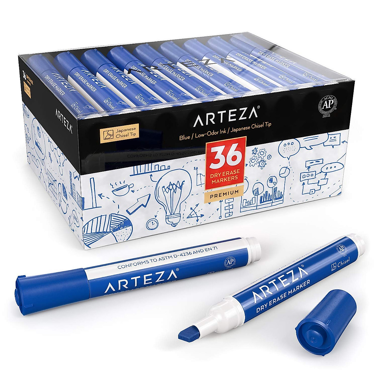 ARTEZA Dry Erase Markers, Bulk Pack of 36, Chisel Tip, Blue Color with Low-Odor Ink, Whiteboard Pens