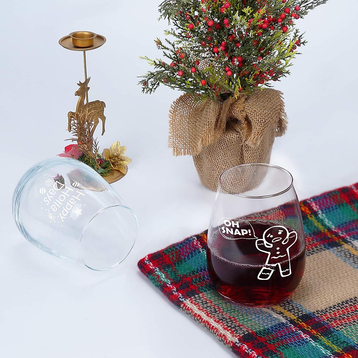 Set of 4 Christmas Puns Stemless Wine Glasses Set, Christmas Themed Gift Idea for Women Men Friend Party White Elephant Gift Exchange Dirty Santa, 15Oz Funny Wine Gift