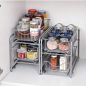 MOOACE 2 Pack Stackable 2-Tier Under Sink Cabinet Organizer with Sliding Storage Drawer, Sliding Basket Organizer for Kitchen, Bathroom, Pantry, Cabinet, Silver