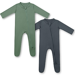 HAPIU Rayon from Bamboo Baby Footed Pajamas, 2 Way Zipper YKK, Footie for Baby Boy Girls, Newborn-24 Months, 2-Pack, Dark Forest Green&Dark Grey, 0-3 Months