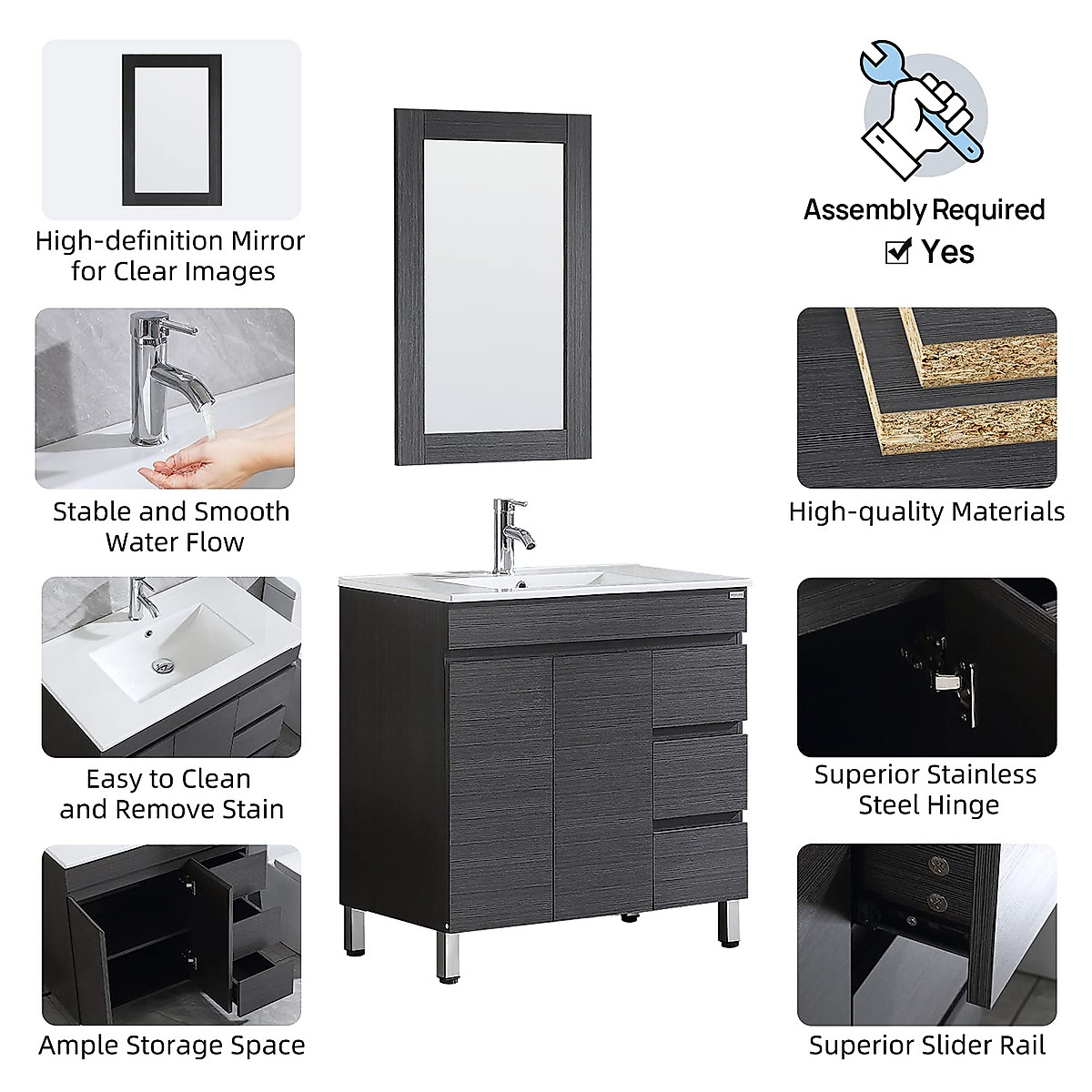 wonline 32" Bathroom Vanity and Sink Combo Cabinet Undermount Ceramic Vessel Sink Chorme Faucet Drain with Mirror Vanities Set