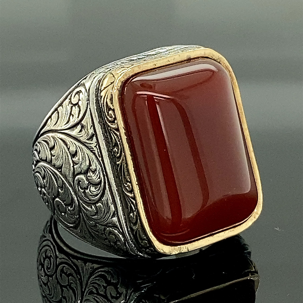 Men Handmade Ring, Red Agate Ring, Dark Aqeeq Gemstone Ring, Ottoman Style Ring, 925k Sterling Silver, Gift For Him