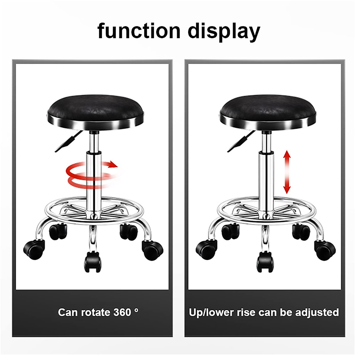 JHKZUDG PU Leather Round Rolling Stool,Esthetician Chair/Tattoo Stool Shop Stools with Wheels,with 360° Swivel and Height Adjustment,for Spa/Salon/Tattoo Work,Black