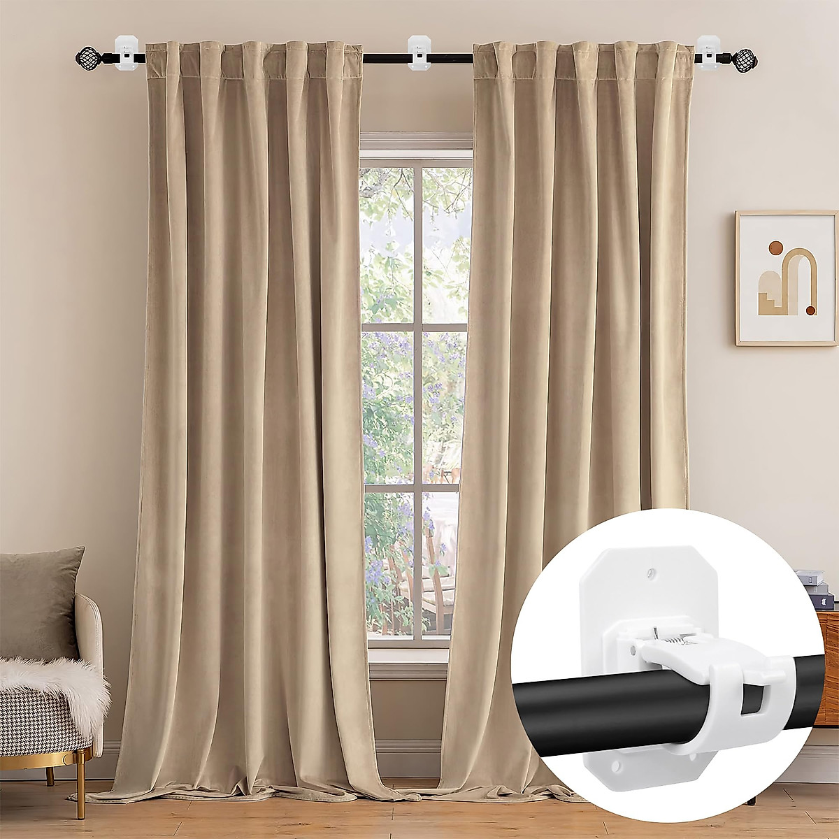 6PCS Upgraded No Drill Curtain Rod Brackets No Drilling Curtain Rod Holders Self Adhesive Curtain Rod Hooks Nail Free Adjustable Curtain Hangers Suitable for Poles of 0.62~1.57 Inch