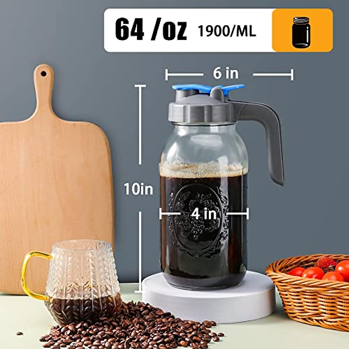 Mason Jar 64 oz Pitcher, Large Mason Jars Half Gallon Pitcher with Wide Mouth Airtight Lid, Heavy Duty 2 Quart Glass Pitcher With Lid for Cold Brew, Sun Tea, Juice, Coffee, Leakproof, Set of 1