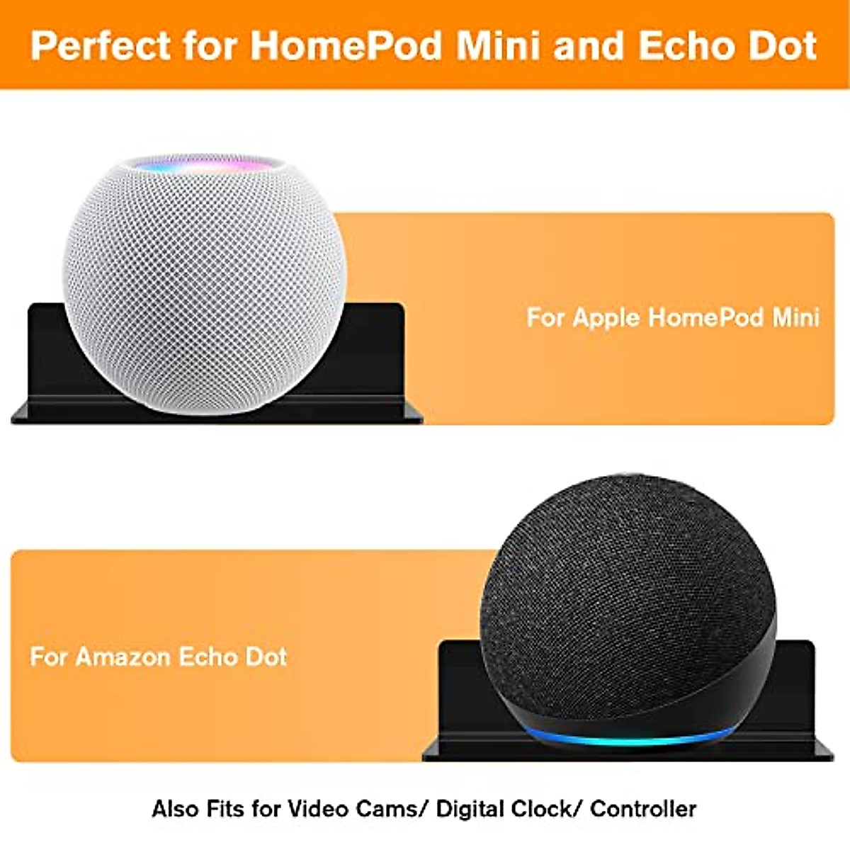 VZINO Small Adhesive Wall Shelf Set of 4, No Drill Acrylic Floating Shelves for Expand Space, Preppy Room Decor, Small Display Shelf for Smart Speaker /Action Figures with Cable Organizer