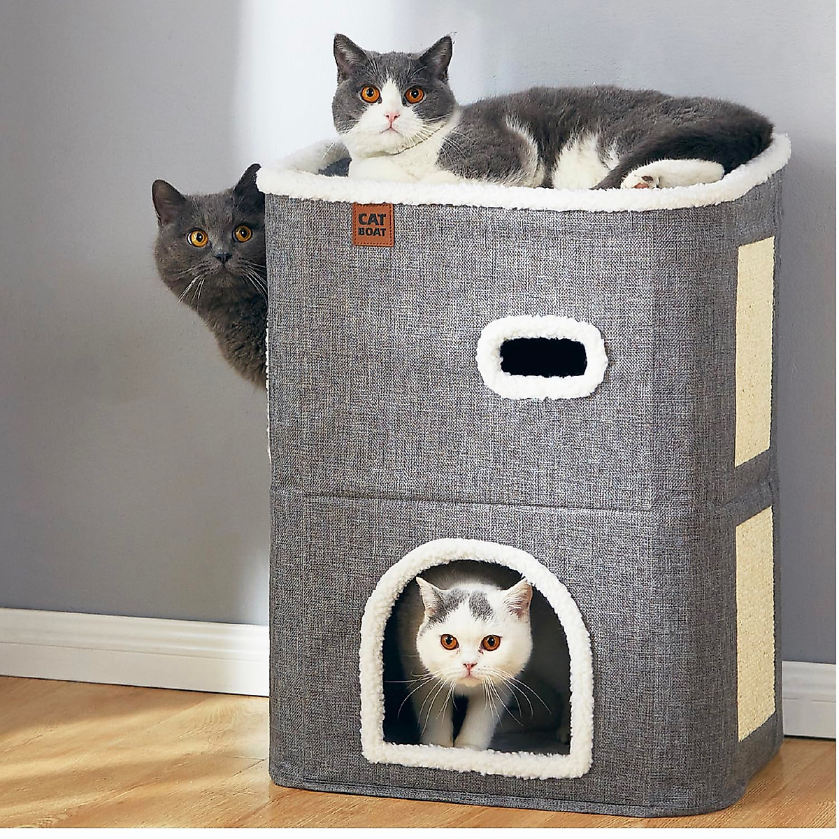 CATBOAT 2-Storey Cat House for Indoor Cats Bed, Covered Cat Beds & Furniture with Scratch Pad and Hideaway Cave, Cute Modern Cat Condo for Multi Small Pet Large Kitten Kitty, Grey